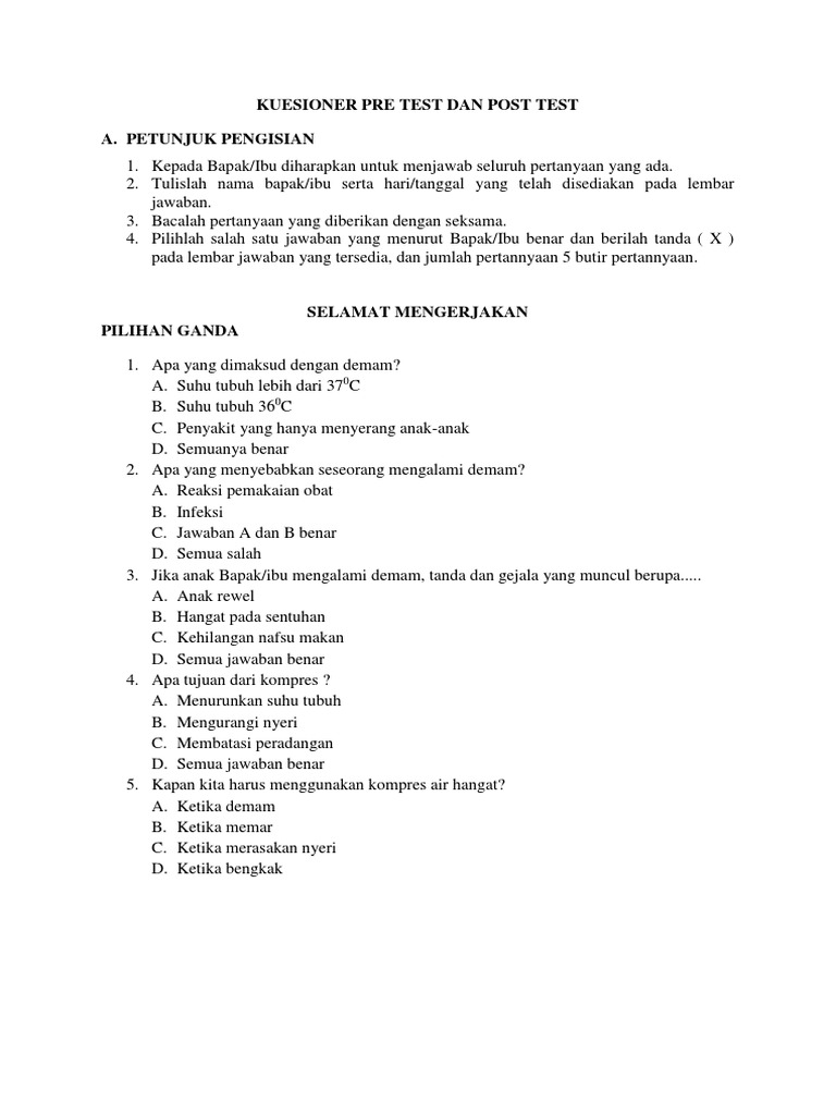 Kuesioner Pretest dan Posttest Demam | PDF