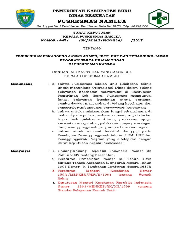 Penunjukan Penanggung Jawab Puskesmas Namlea | PDF