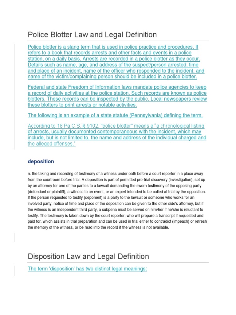 Police Blotter Law and Legal Definition | PDF | Deposition (Law) | Lawsuit