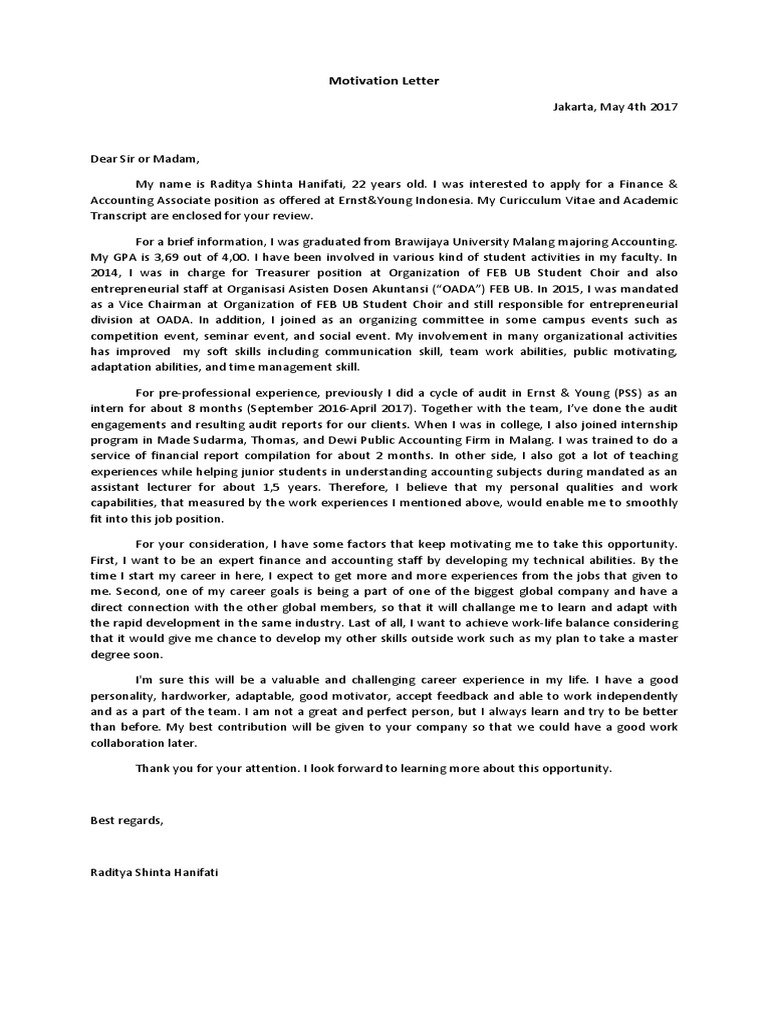 Motivation Letter Example | PDF | Internship | Job Hunting