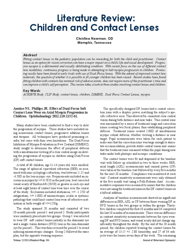 Literature Review: Children and Contact Lenses: Christina Newman, OD ...