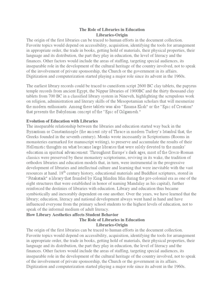 The Role of Libraries in Education | PDF | Libraries | Educational ...