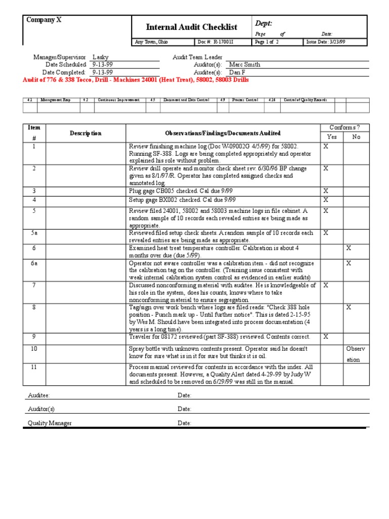 Internal Audit Checklist: Company X | PDF | Internal Audit | Audit