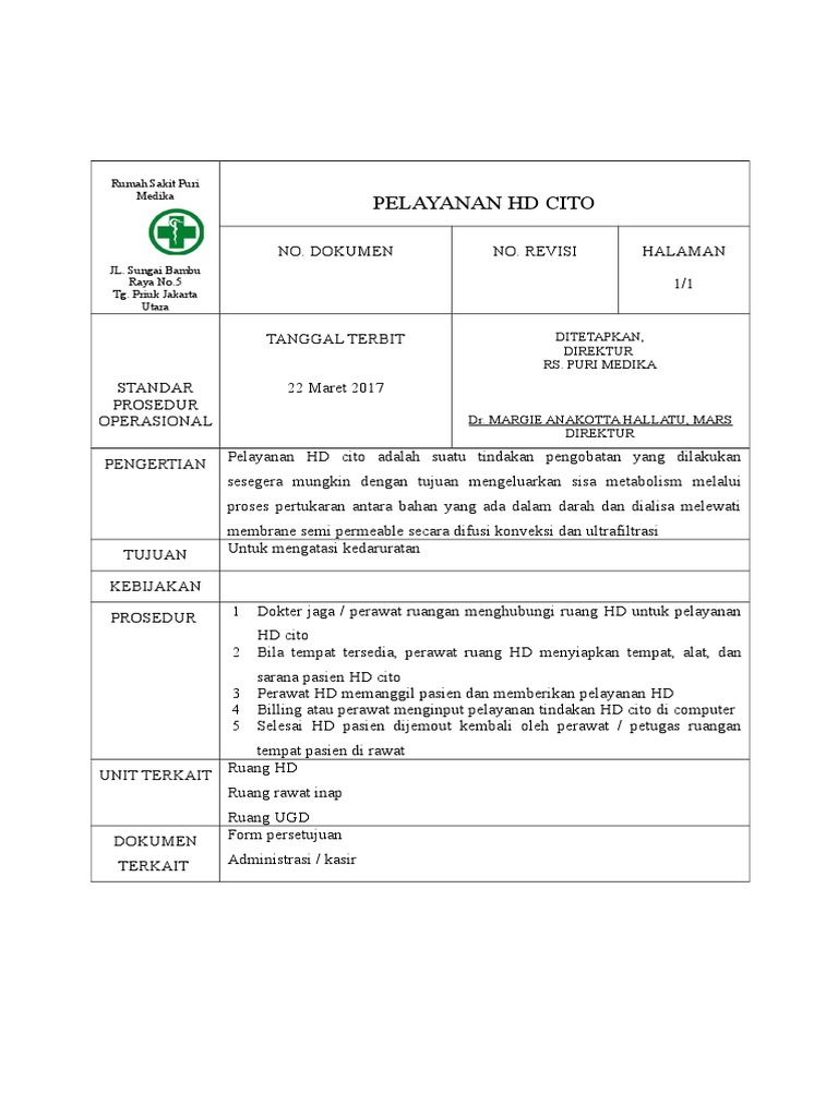Sop Pelayanan HD Cito | PDF