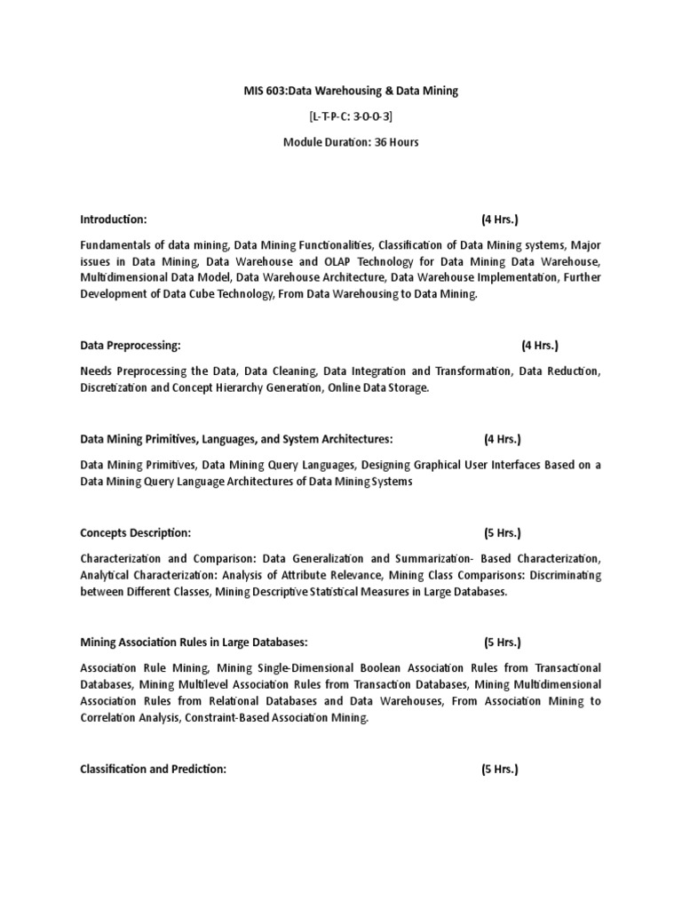 Data Warehousing & Data Mining Syllabus | PDF | Data Warehouse ...