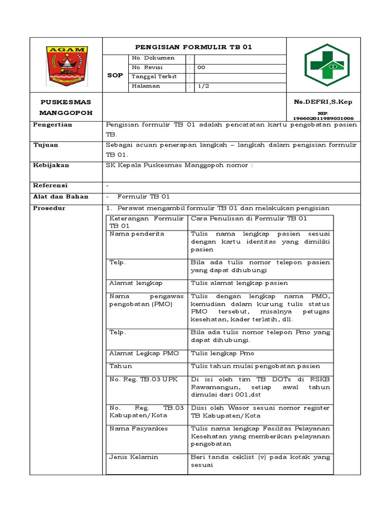 Sop TB Pengisian Formulir TB 01 | PDF