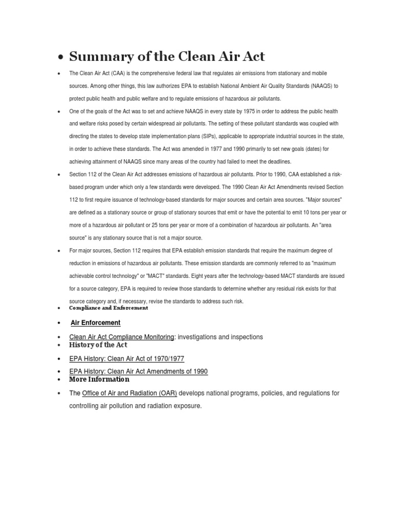 Summary of The Clean Air Act | PDF | Clean Air Act (United States ...