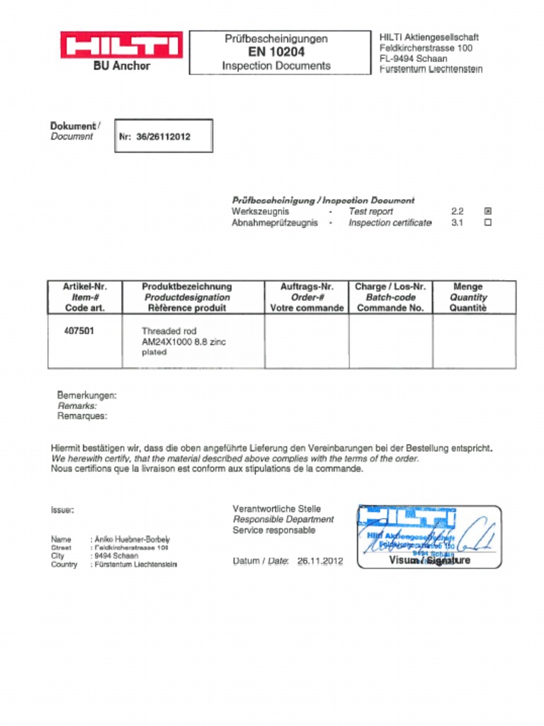 Hilti Certificate 2.2 407501 8.8 AM24X1000 | PDF