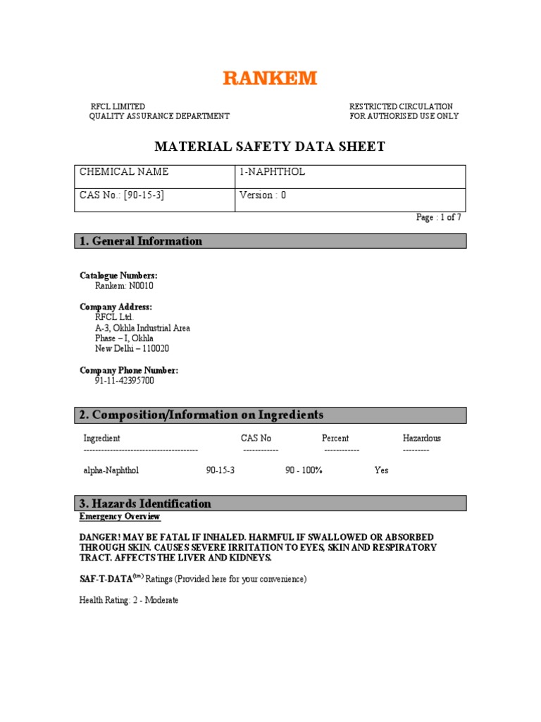 1 Naphthol | PDF | Dangerous Goods | Hypothermia