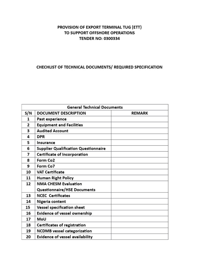 Provision of Export Terminal Tug-Checklist | Download Free PDF | Marine ...