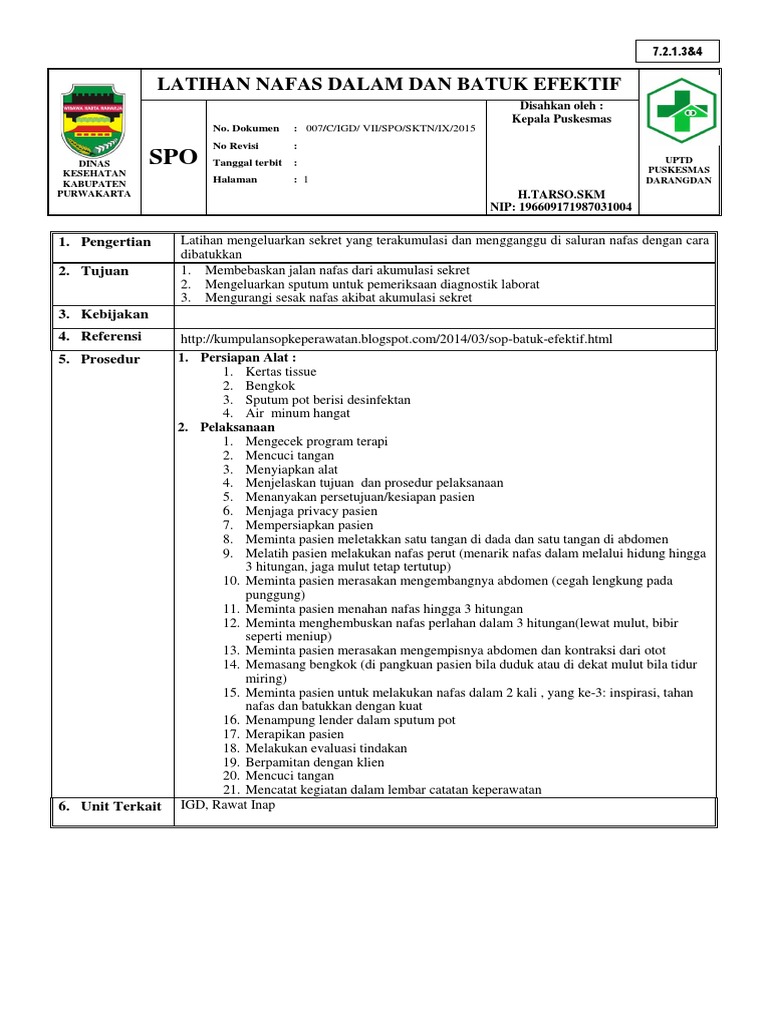 Sop Latihan Nafas Dalam Dan Batuk Efektif | PDF