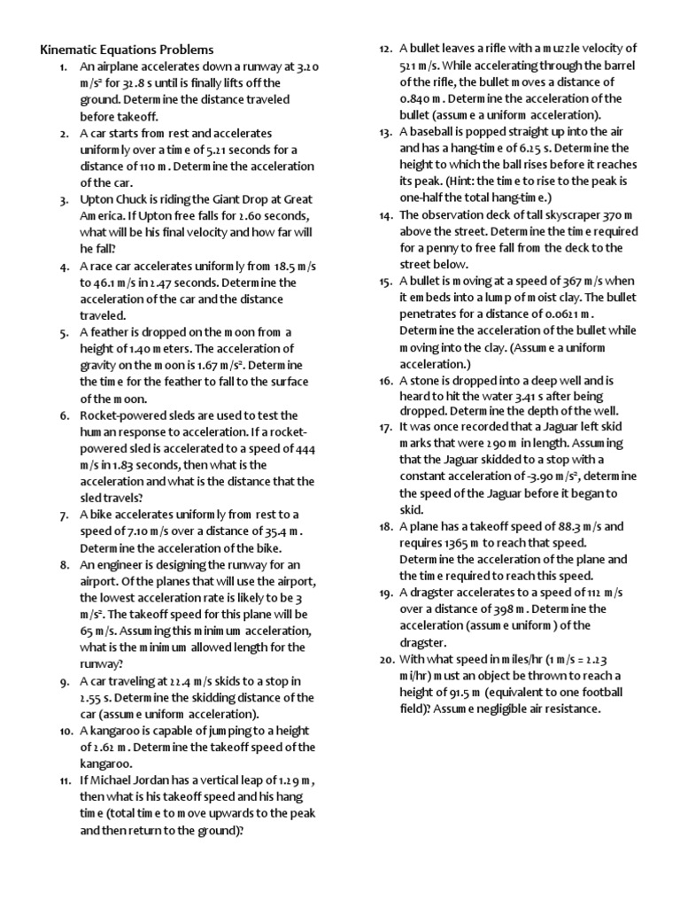 Kinematic Equations Practice Problems | PDF | Bullet | Acceleration