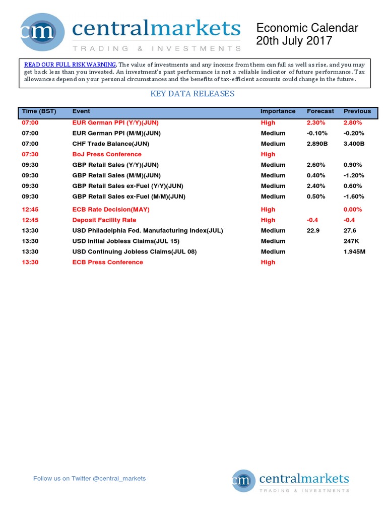 Economic Calendar 20th July 2017: Key Data Releases | PDF