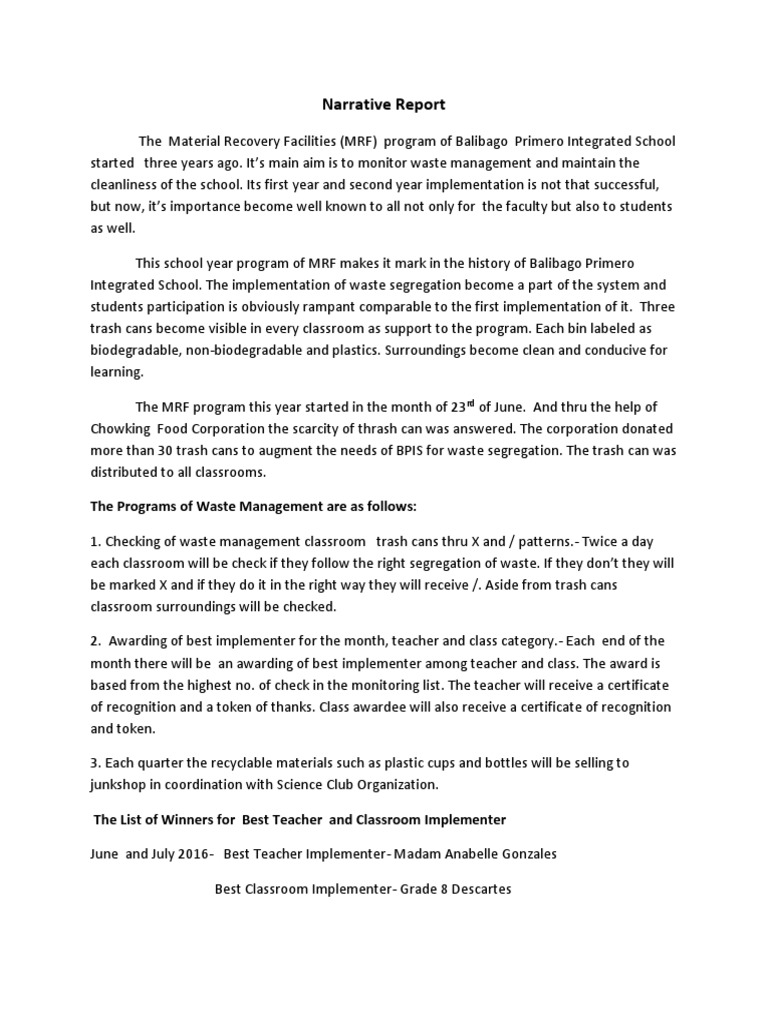 Narrative Report MRF | PDF | Waste Management | Waste