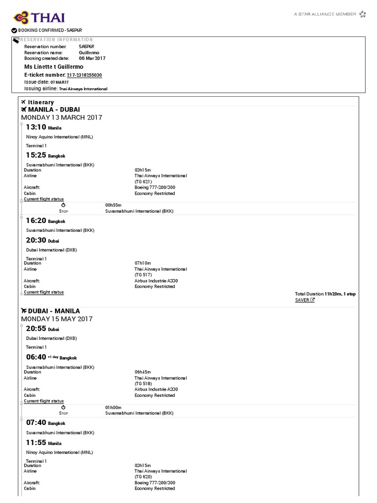 Thai Airways E-Ticket | PDF | Airlines | Aviation
