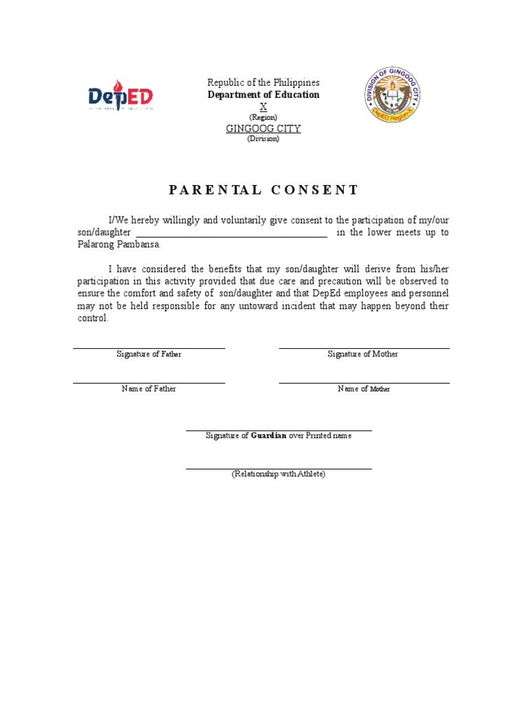 DepEd Parental Consent Form for School Sports Events | PDF
