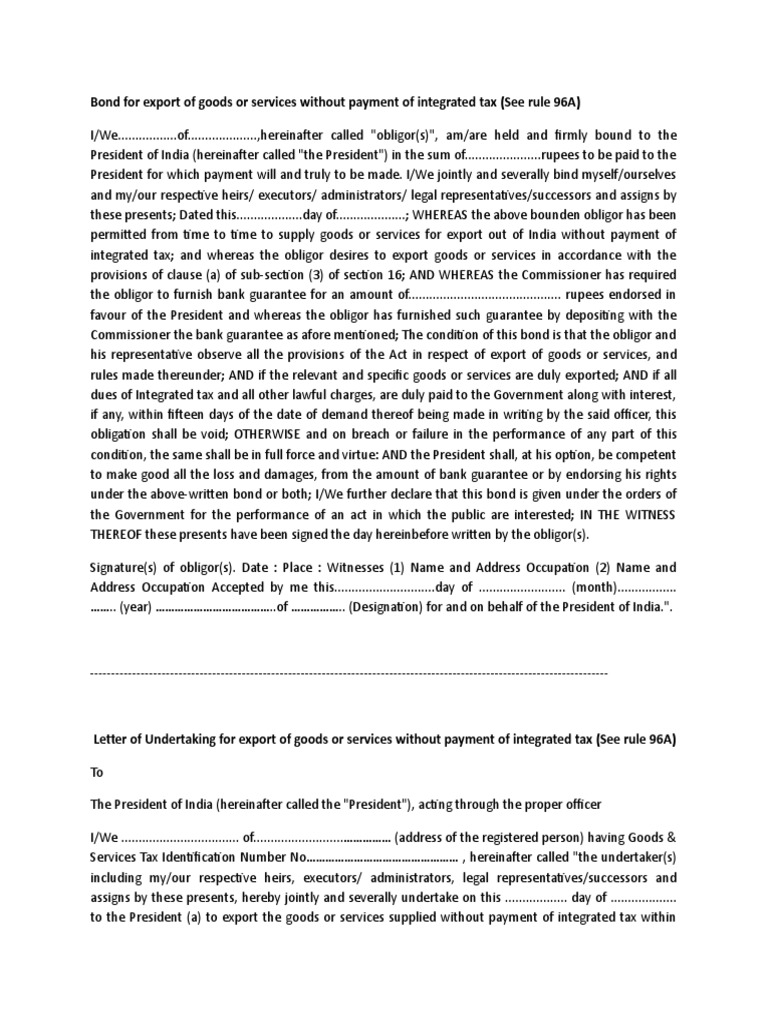 Bond LUT Format For Exports | PDF | Guarantee | Taxes