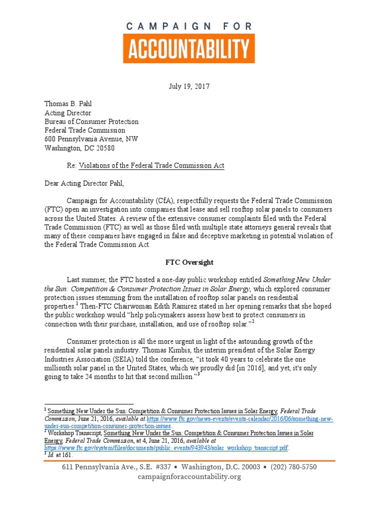 FTC Solar Complaint July 19 2017 | PDF | Solar City | Federal Trade ...