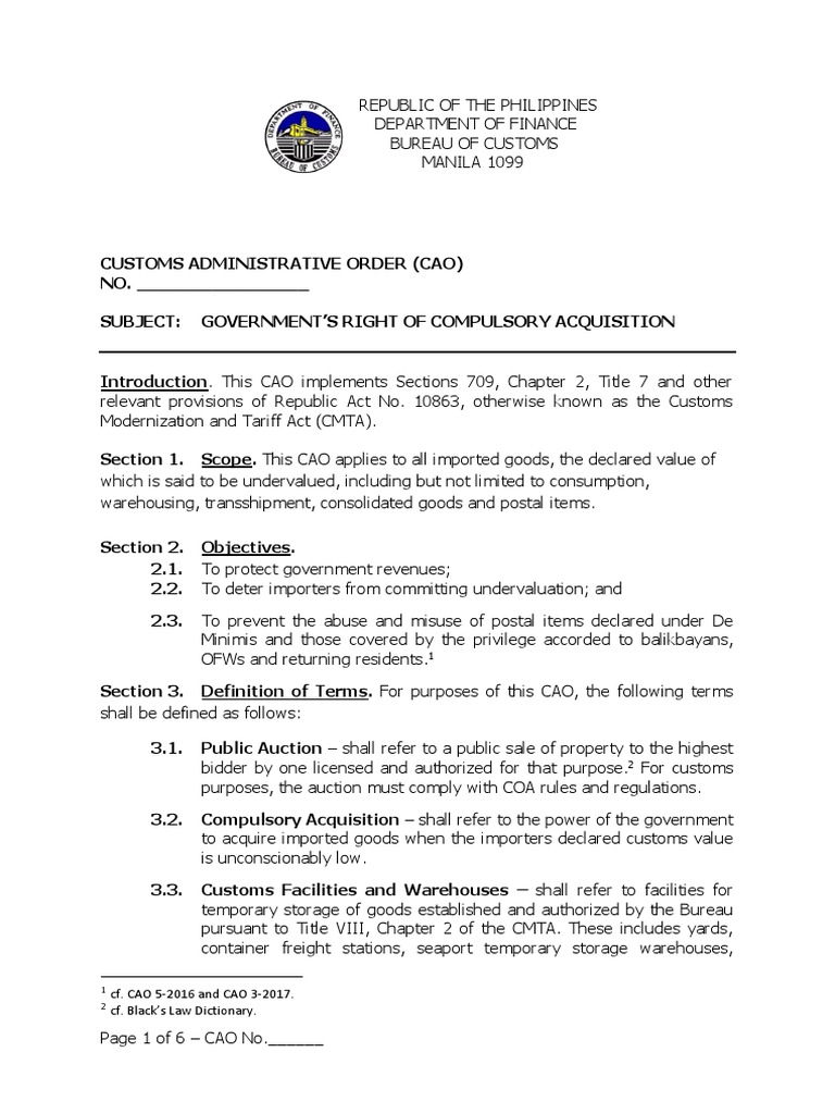 Bureau of Customs Draft Order On Compulsory Acquisition For Undervalued ...