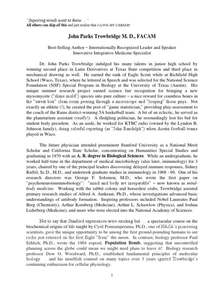 John Parks Trowbridge M. D., FACAM: "Inquiring Minds Want To Know ...