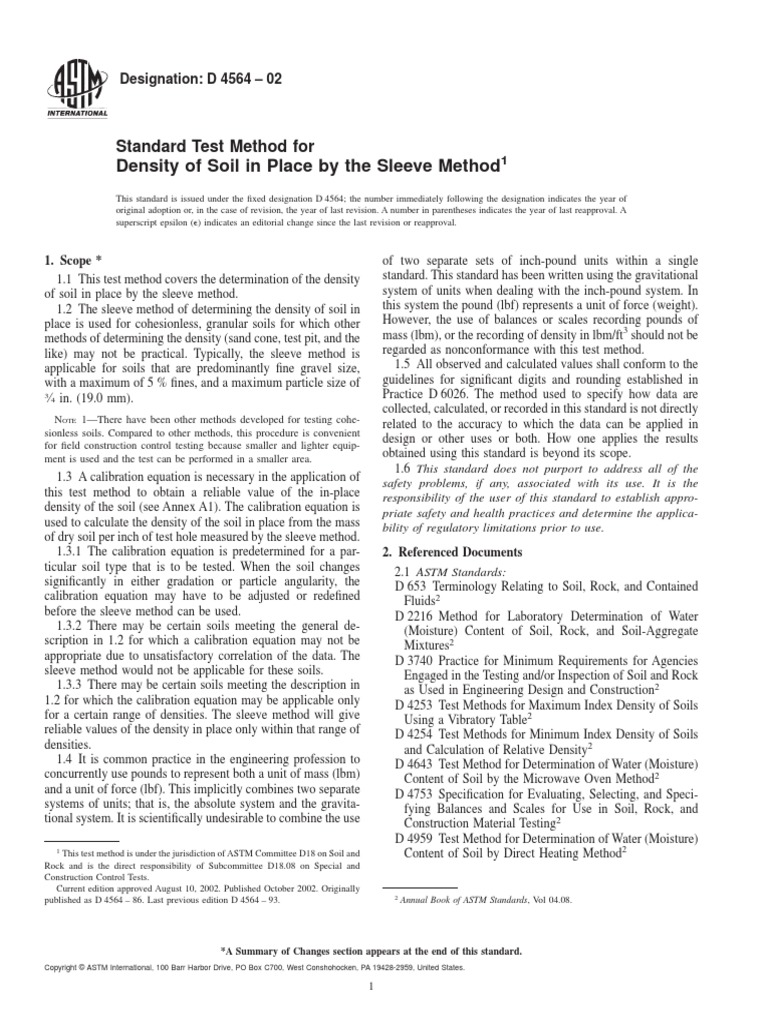 D4564 Densidad de Suelos en Sitio Con Sleeve Method | PDF | Density ...