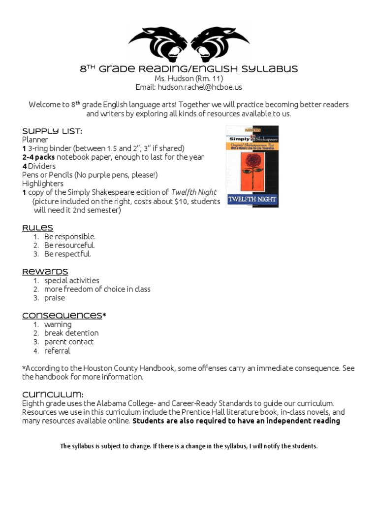8th Grade Ela Syllabus | PDF | Homework | Communication