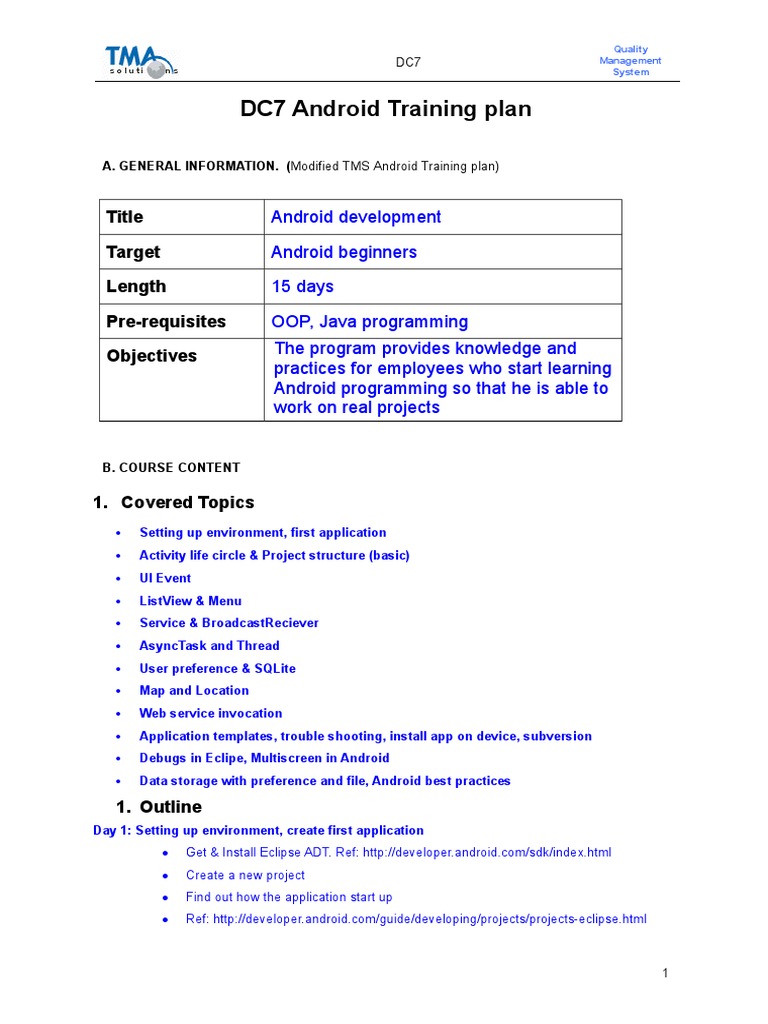 DC7 Android Training Plan: Title Target Length Pre-Requisites ...