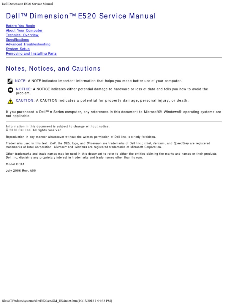 Dell™ Dimension™ E520 Service Manual: Notes, Notices, and Cautions ...