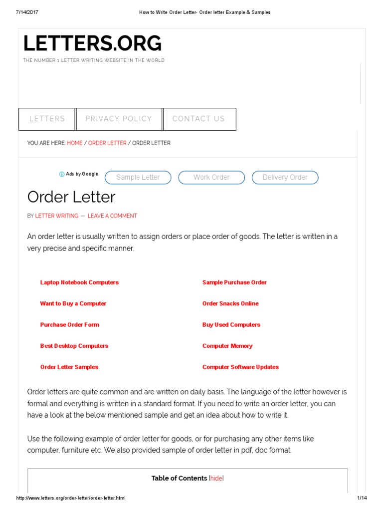 How To Write Order Letter - Order Letter Example & Samples | PDF ...