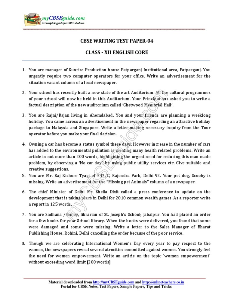 CBSE Class 12 English Writing Tasks | PDF | Newspapers | Public Sphere