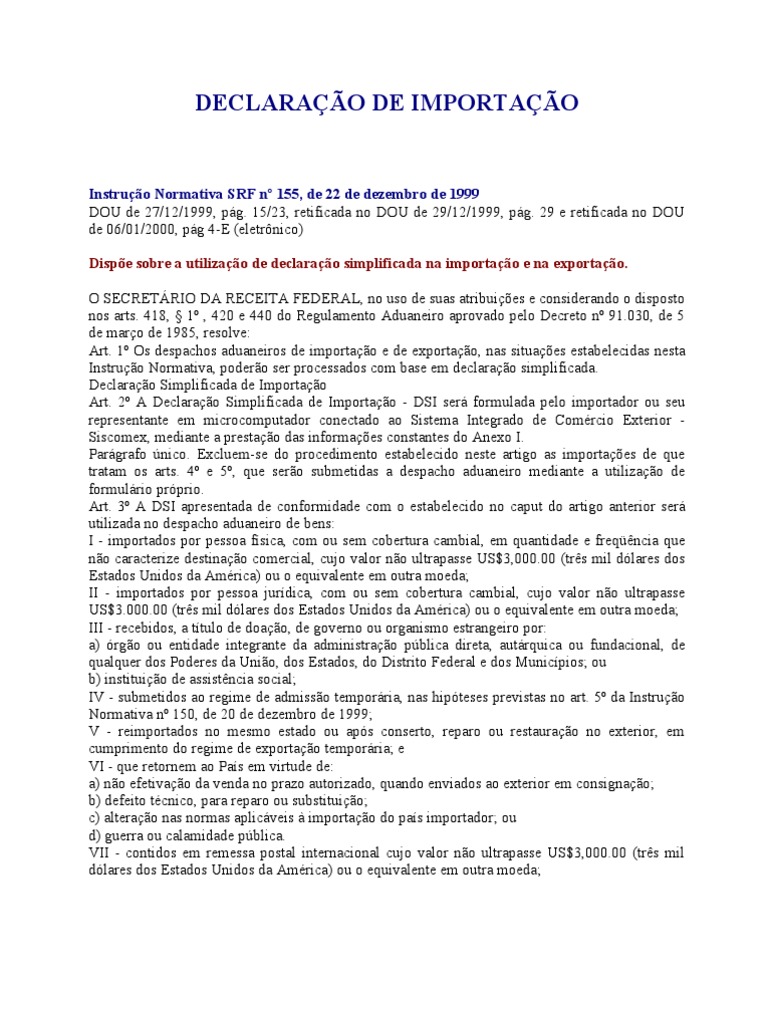 Declaração de Importação | PDF | Os Estados Unidos | Brasil