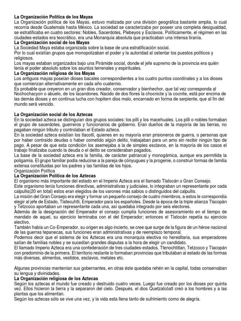 La Organización Política de Los Mayas, Incas, Aztecas | PDF | Imperio ...