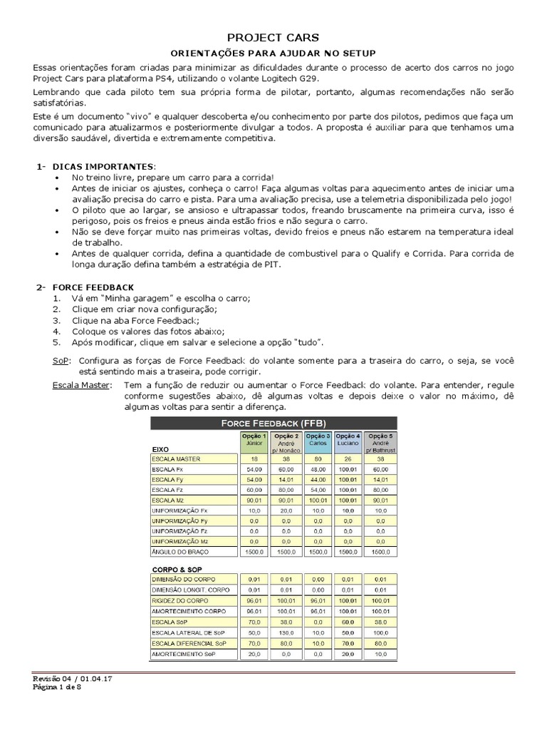 Roteiro Setup - Project Cars - Rev04 | PDF | Pneu | Tecnologia de veículos