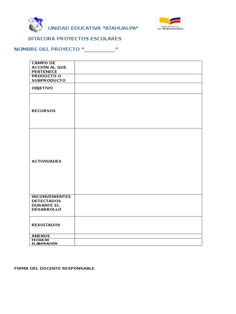 Modelo de Bitacora Proyectos Escolares