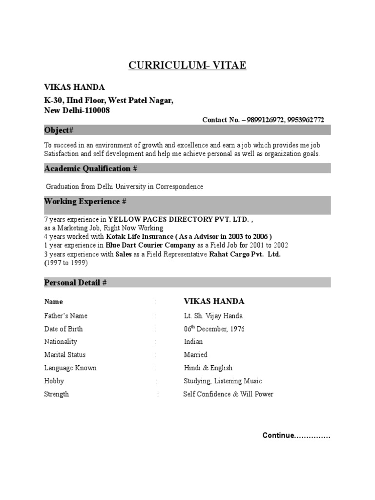 Curriculum-Vitae: Vikas Handa K-30, Iind Floor, West Patel Nagar, New Delhi-110008 Object# | PDF ...