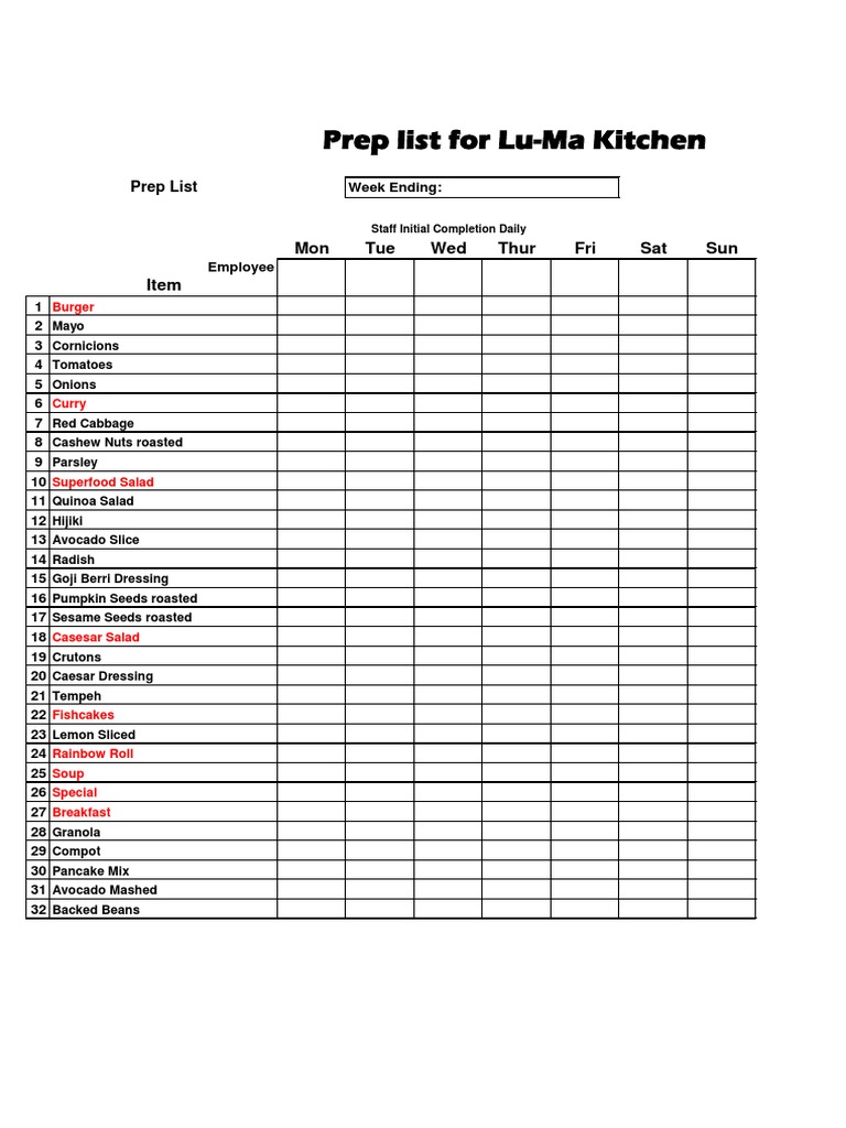 Prep List For Lu-Ma Kitchen: Mon Tue Wed Thur Fri Sat Sun Item | PDF ...
