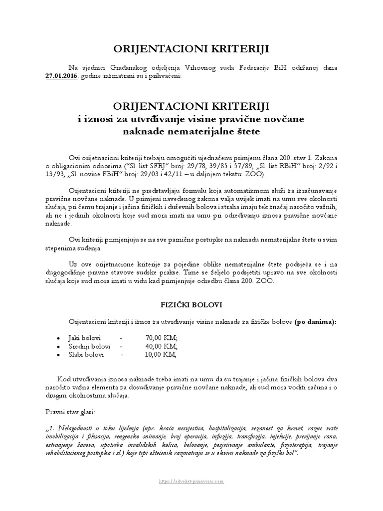 Orijentacioni Kriteriji I Iznosi Za Utvrdivanje Visine Pravicne Novcane Naknade Nematerijalne ...
