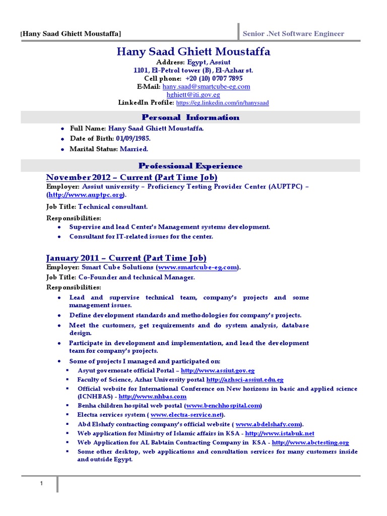 Hany Saad Ghiett Moustaffa CV | PDF | Extensible Application Markup Language | Microsoft Sql Server