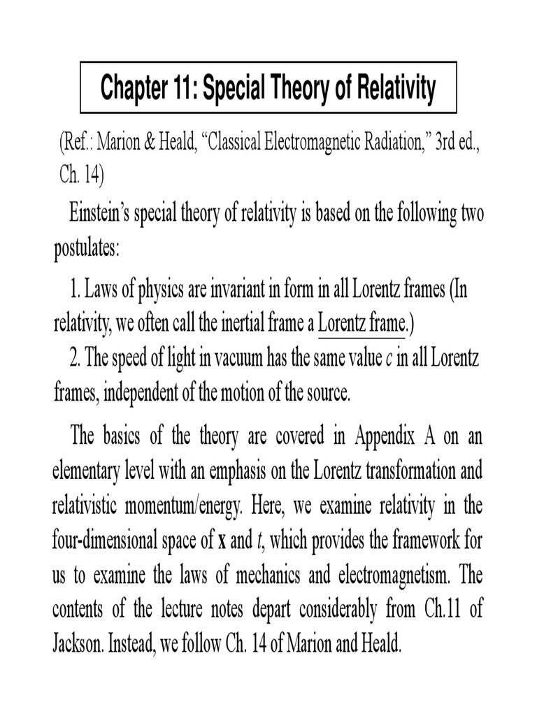 Chapter 11: Special Theory of Relativity: (Ref.: Marion & Heald ...