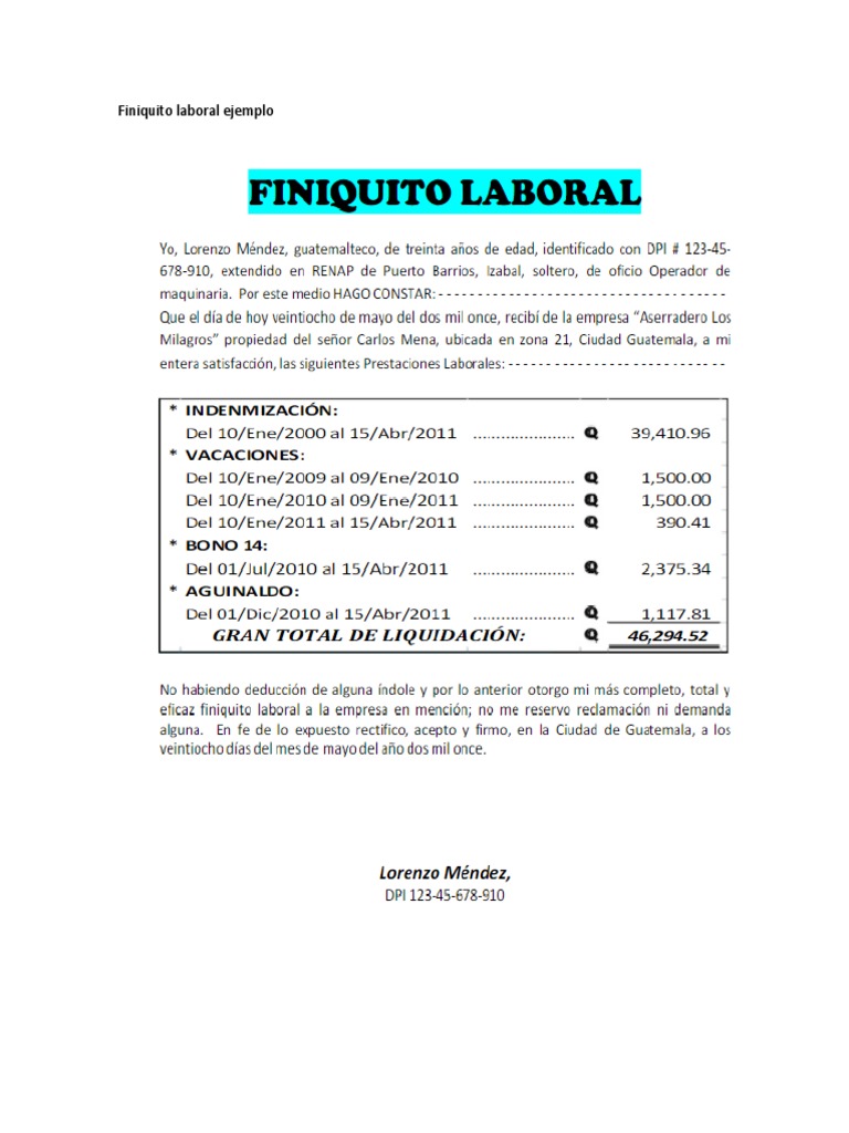 Finiquito Laboral Ejemplo Pdf