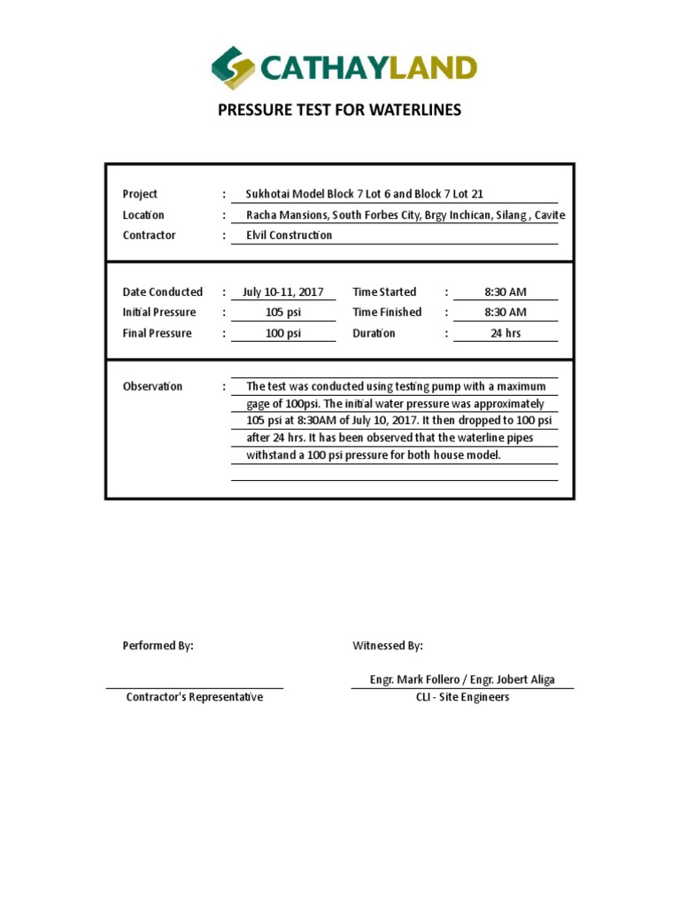 Pressure Testing Form | PDF
