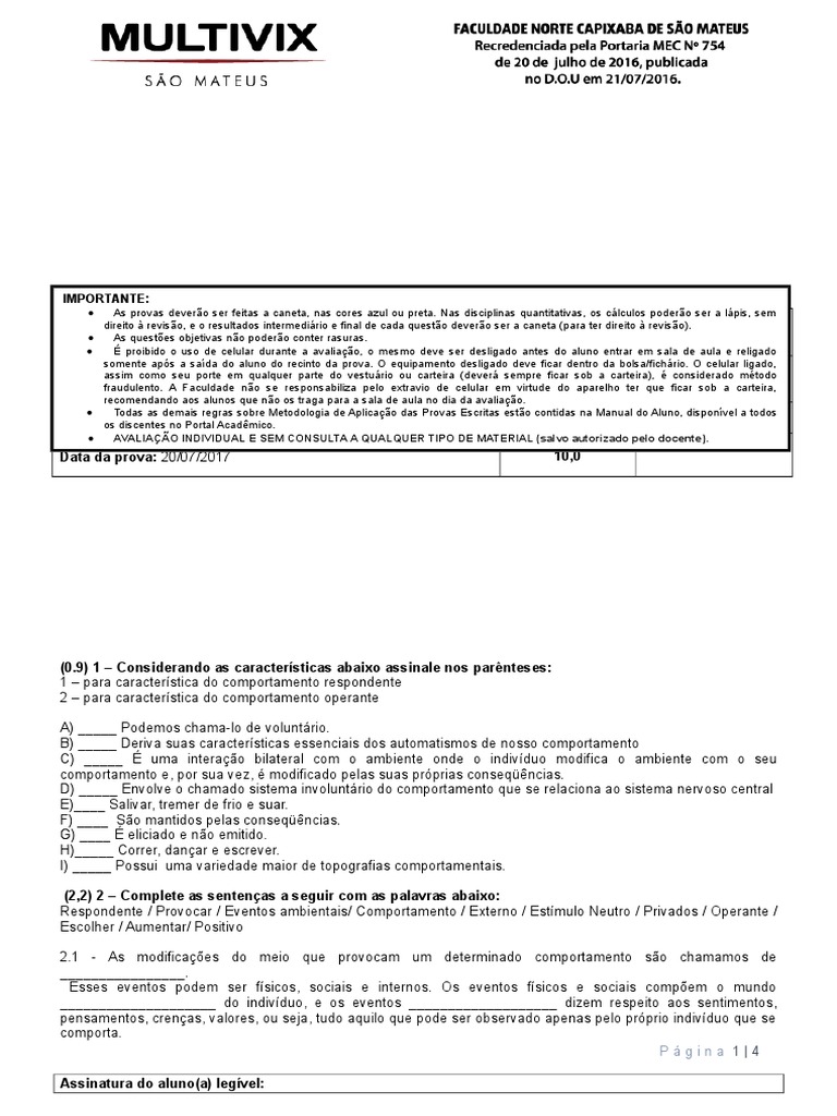 Prova Final 2017 - AEC | PDF | Behaviorismo | Comportamento