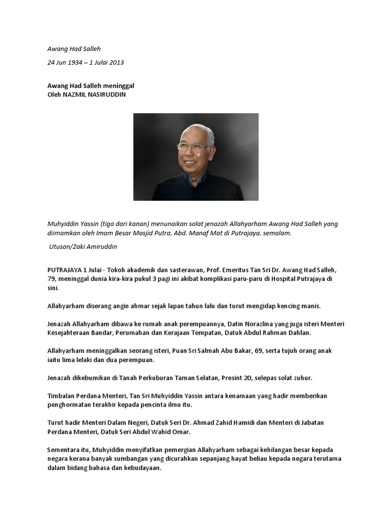 Pemergian Awang Had Salleh, Tokoh Sastera | PDF