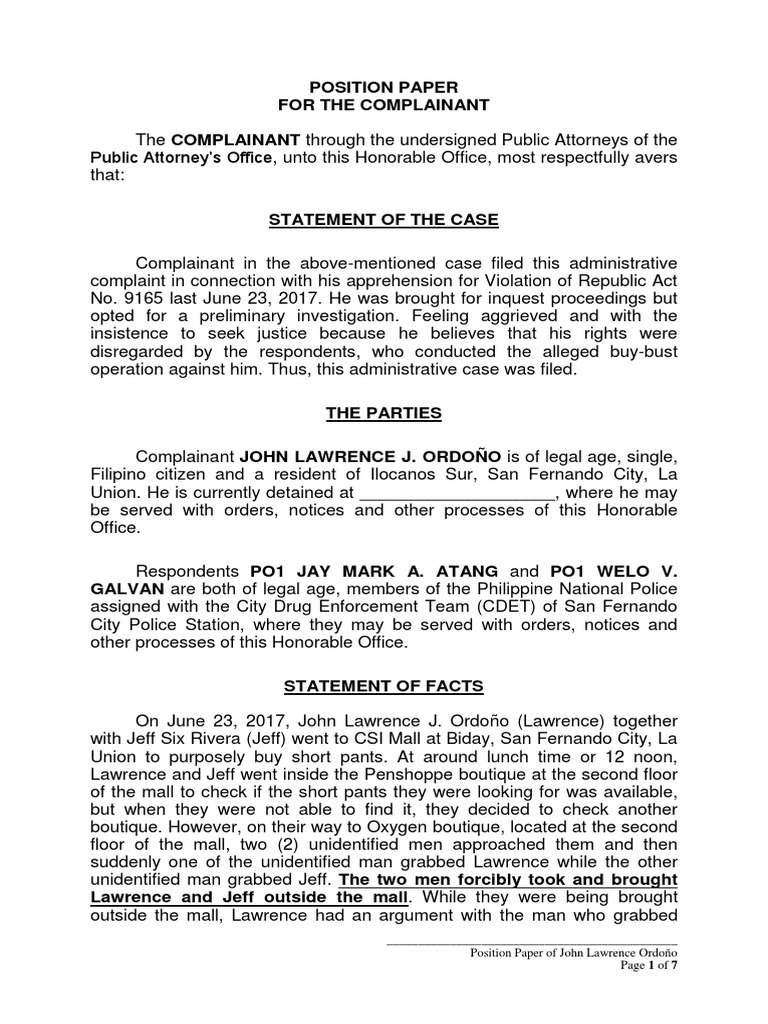 Position Paper - John Lawrence Ordono | PDF | Intention (Criminal Law ...