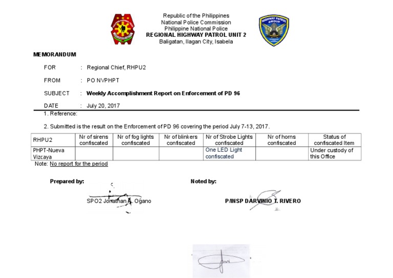Weekly Accomplishment Report On Enforcement of PD 96 | PDF
