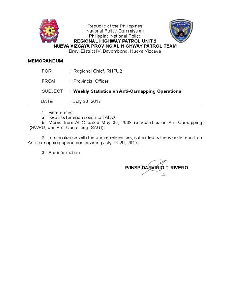 Weekly Statistics On Anti-Carnapping Operations | PDF | Law Enforcement ...