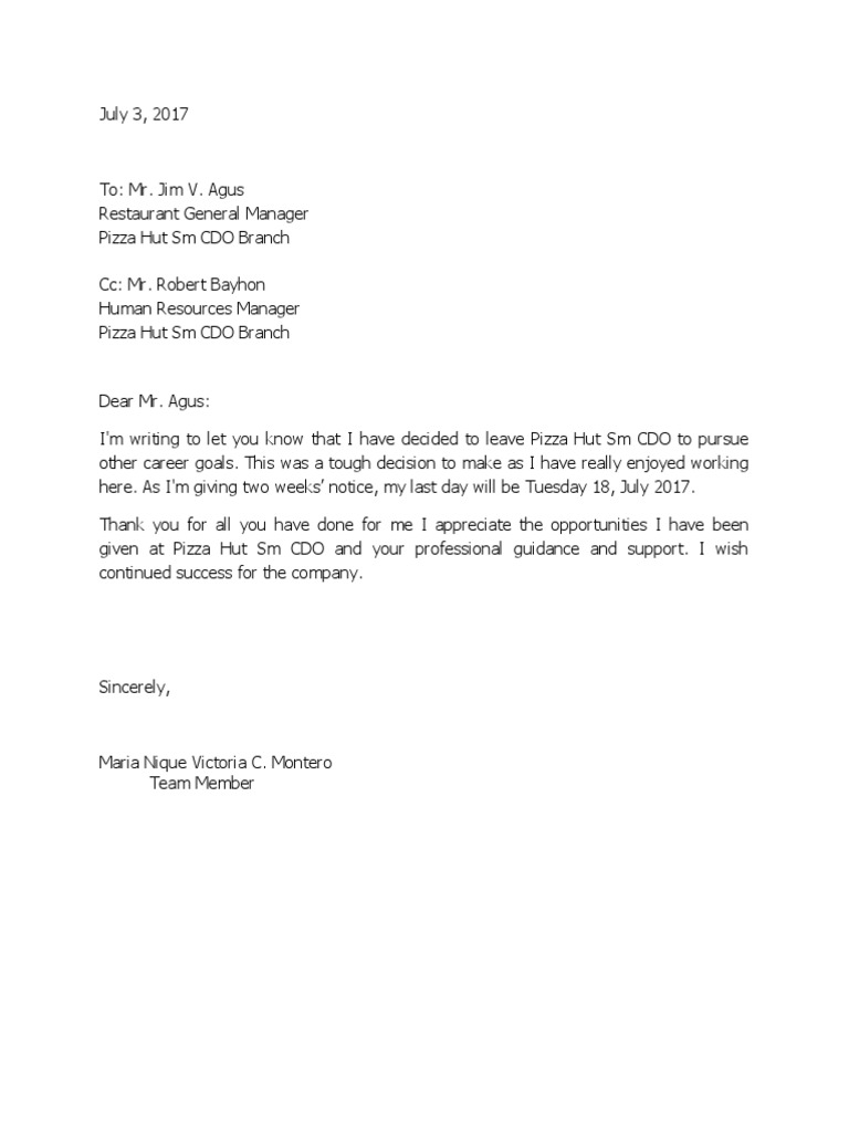 Maria Nique Victoria C. Montero's Letter of Resignation from Pizza Hut ...