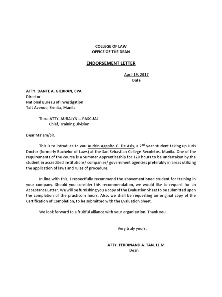 Endorsement Letter: College of Law Office of The Dean | PDF