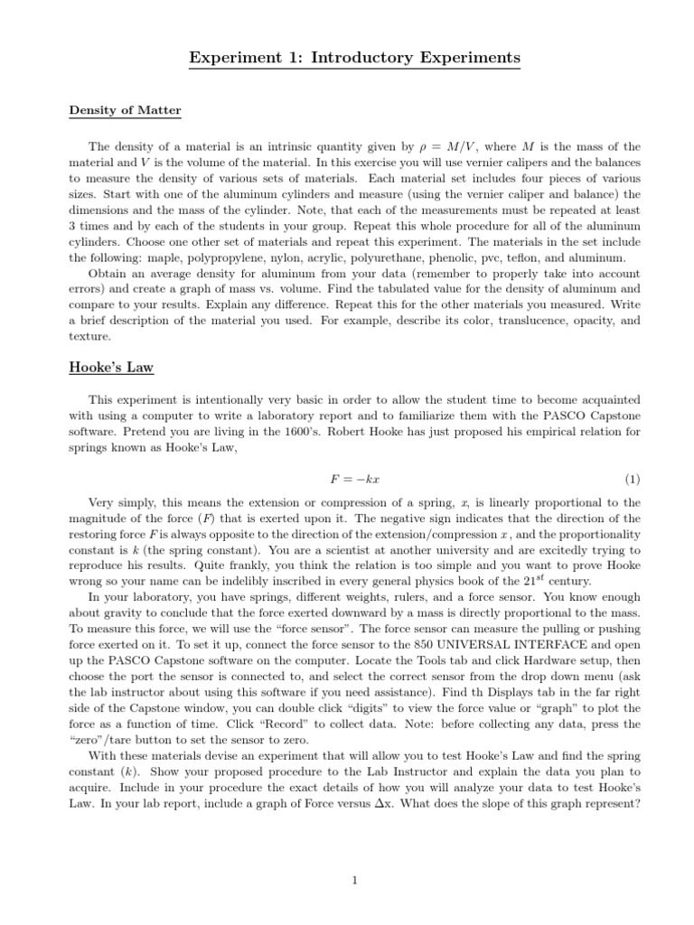 Experiment 1: Introductory Experiments: Hooke's Law | PDF | Significant ...
