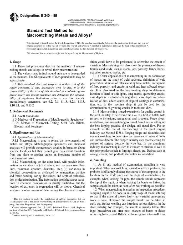 ASTM E340-95 Standard Method of Macroetch Metal Alloy | PDF | Steel ...